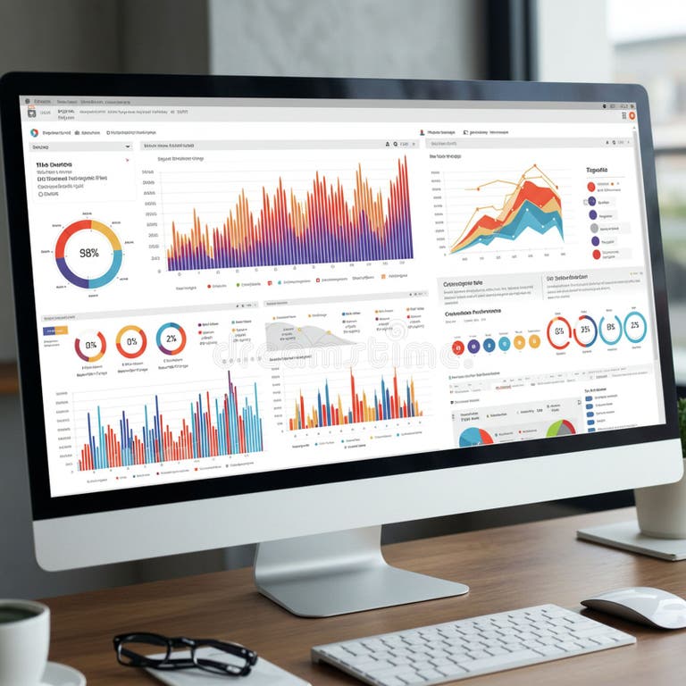 A Computer Screen Displays Various Data Visualizations, Including Bar Charts, Pie Stock ...