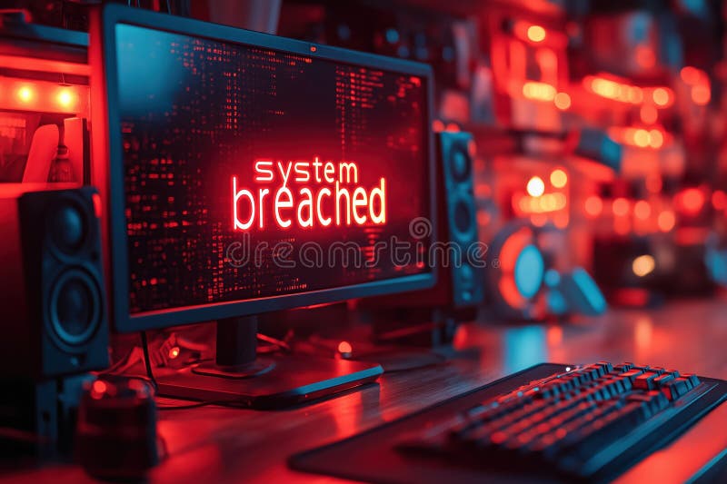 Computer Screen Displays Warning of System Breach during Late-night ...
