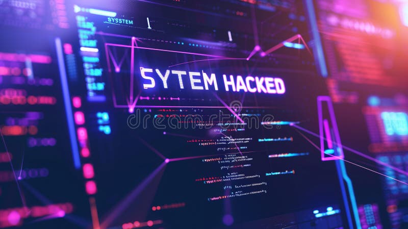 Computer Screen Displays the Words "SYSTEM HACKED" Written in White ...
