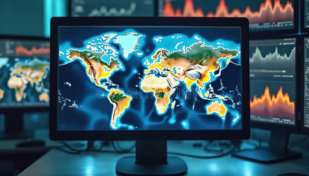 Computer Screen Displays World Map with Climate Change Data Trends in ...