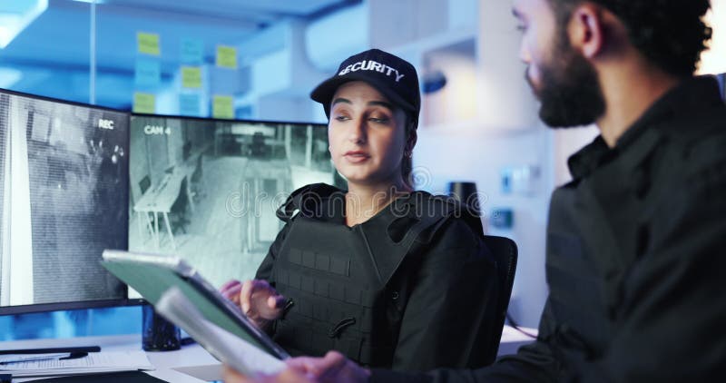Computer Screen, Documents and Tablet with People in CCTV Control Room ...