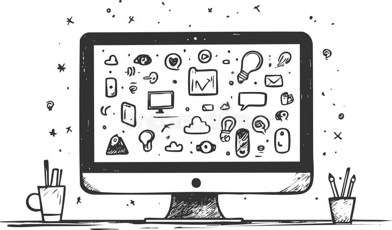 Computer Screen with Doodle Icons Representing Digital Technology and ...