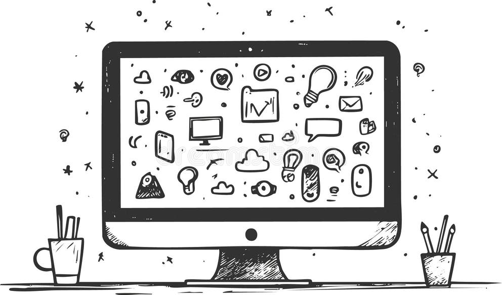 Computer Screen with Doodle Icons Representing Digital Technology and ...