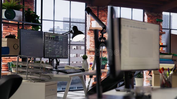 Computer Screen in Empty Software Development Agency Showing Code Stock Photo - Image of startup ...