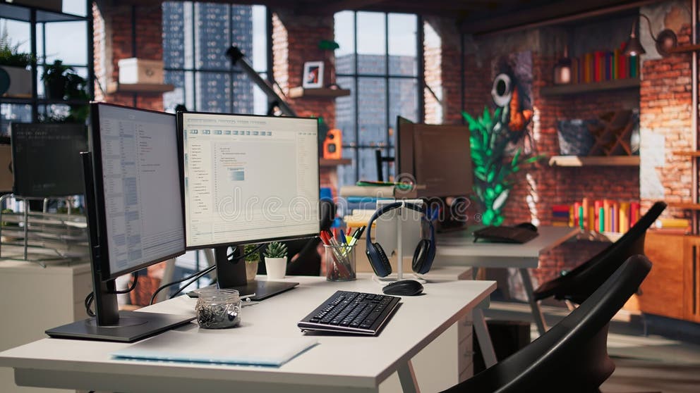 Computer Screen in Empty Software Development Agency Showing Code Stock ...