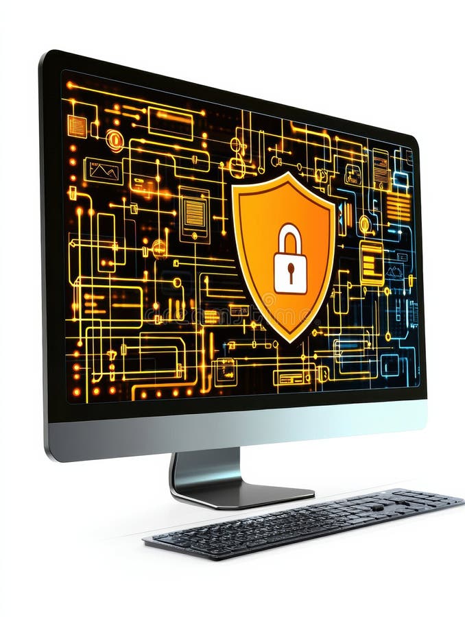 The Computer Screen Features a Prominent Shield and Lock Icon ...