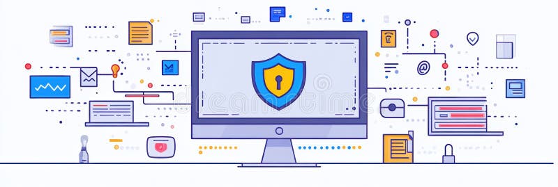 A Computer Screen Features a Shield and Lock Icon, Illustrating ...