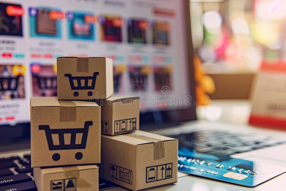 Computer Screen Featuring E-commerce Site with Stacked Packages. Online ...