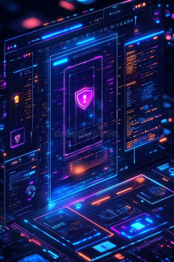 A Computer Screen with a Glowing Blue and Orange Screen with a Keypad ...