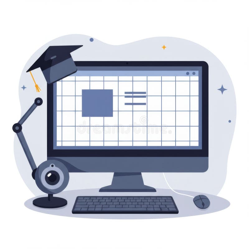 Computer Screen with Graduation Cap, Desk Setup Stock Illustration ...