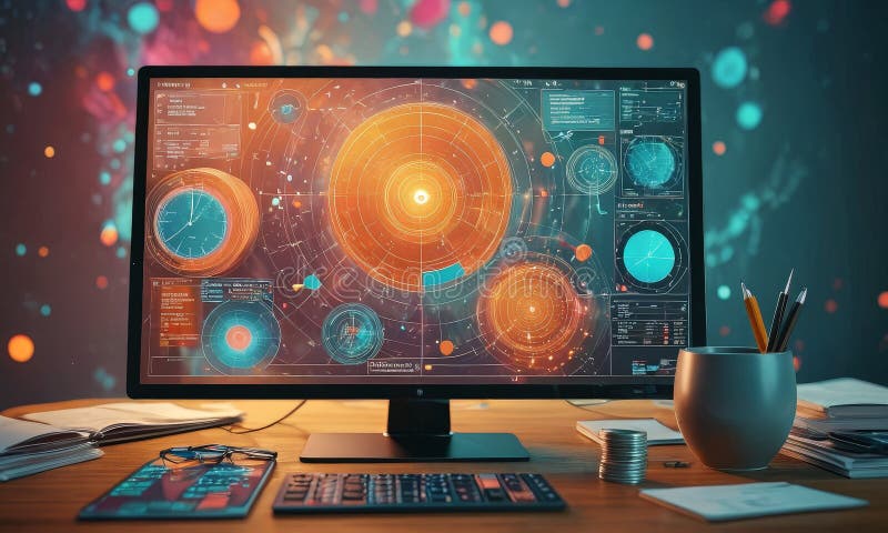 Computer Screen with Graphic Circle and Cup Coffee Stock Illustration ...