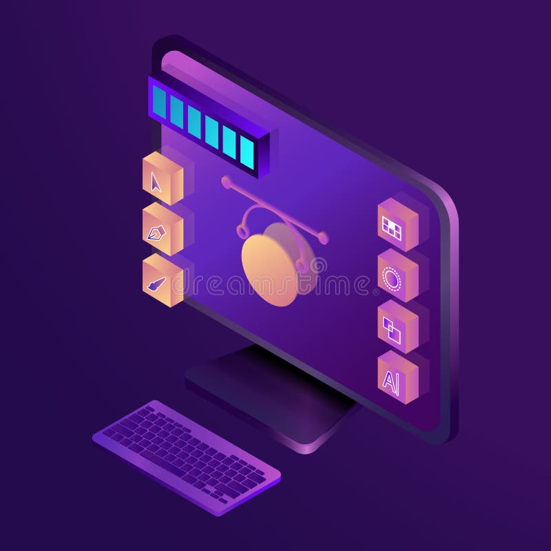 Computer Screen with Design Icons and Keyboard in Isometric View ...