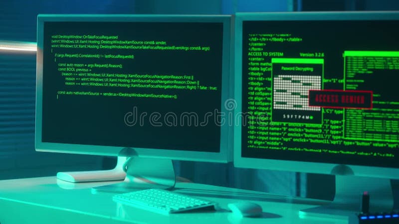 Computer Screen with Green Lines of Program Codes and Red Window with Access Denied Warning ...