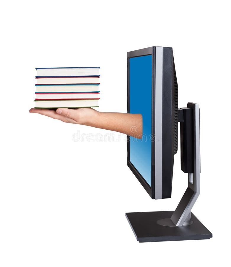 Computer Screen and Hand with Books. Stock Image - Image of heap ...