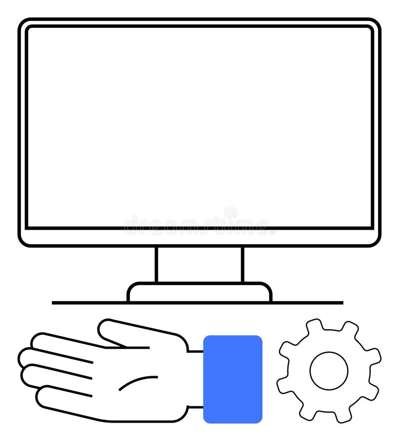 Monitor with Hand Reaching for Gear Icon, Signifying Assistance and ...