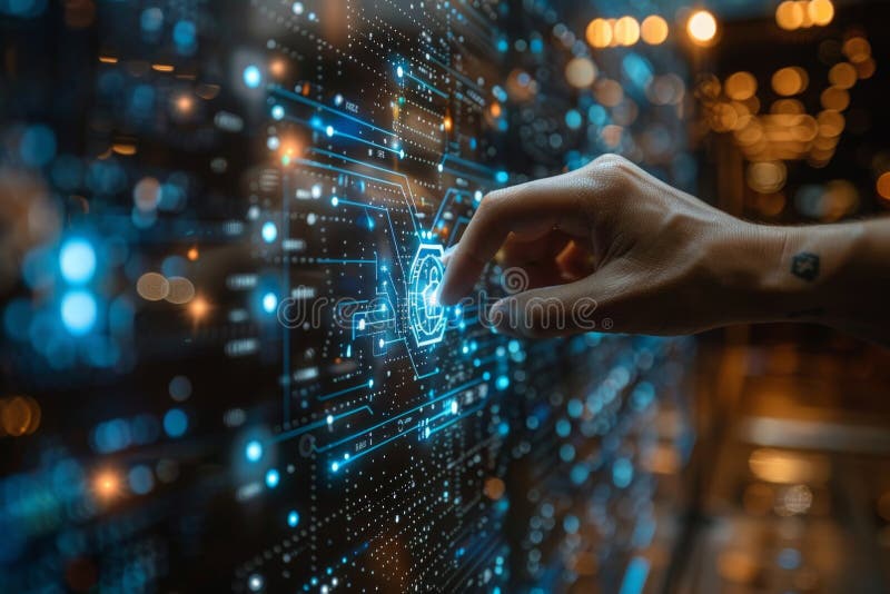 On a Computer Screen, a Hand is Pressing a Button Stock Photo - Image ...