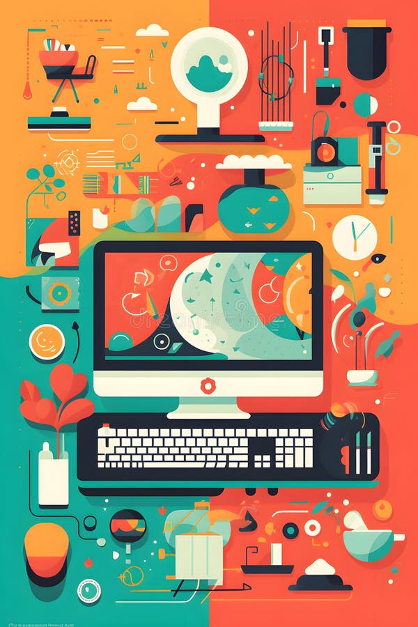 Computer Screen with Bunch of Colorful Objects Around it on Black ...