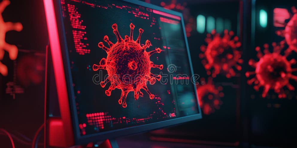 Computer Screen Infected with a Virus, Glitching with Red Warning ...