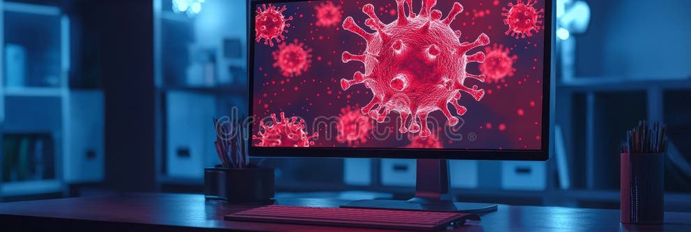 Computer Screen Infected with a Virus, Glitching with Red Warning ...