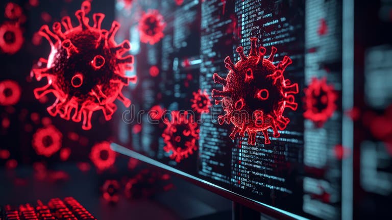 Computer Screen Infected with a Virus, Glitching with Red Warning ...