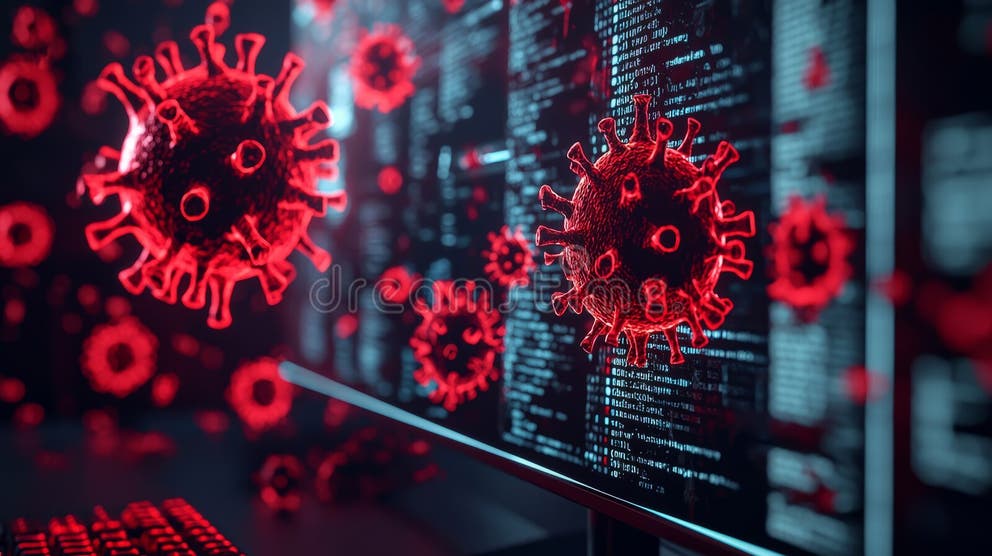 Computer Screen Infected with a Virus, Glitching with Red Warning ...