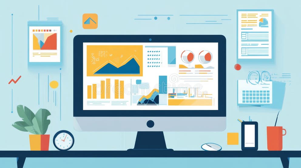 Computer Screen Infographic Displaying Data and Analytics Concepts ...