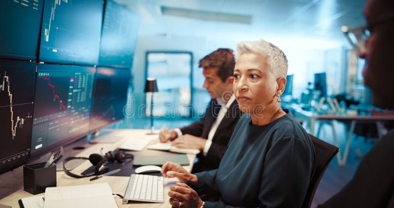 Computer Screen, Investment and Business People in Office, Conversation ...