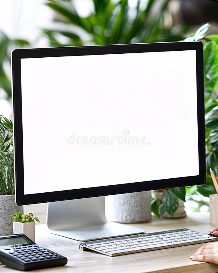 Computer Screen with Keyboard and Calculator and Plants in the ...
