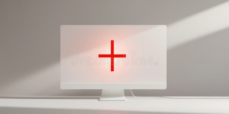 A Computer Screen with a Large Red Plus Sign in the Middle Stock Photo ...
