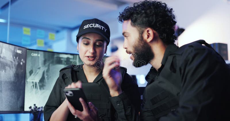 Computer Screen, Laughing and Phone with People in CCTV Control Room ...