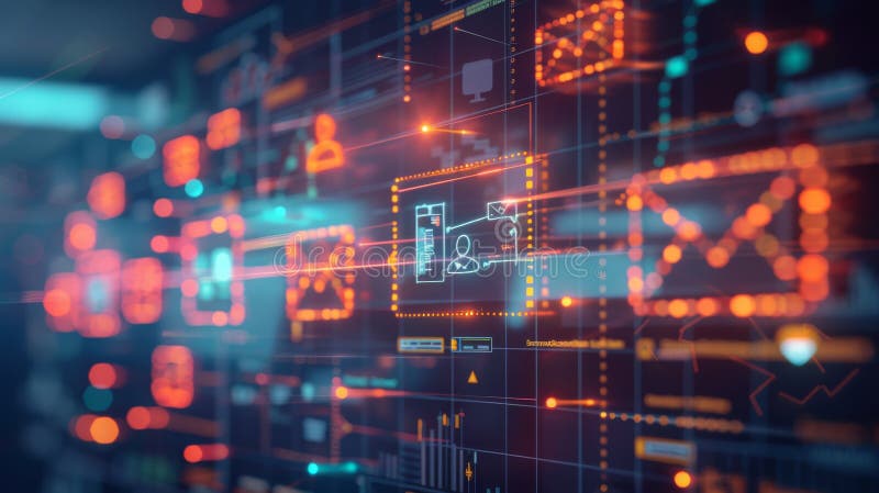 A Computer Screen with Many Icons and a Blurry Background. Futuristic ...