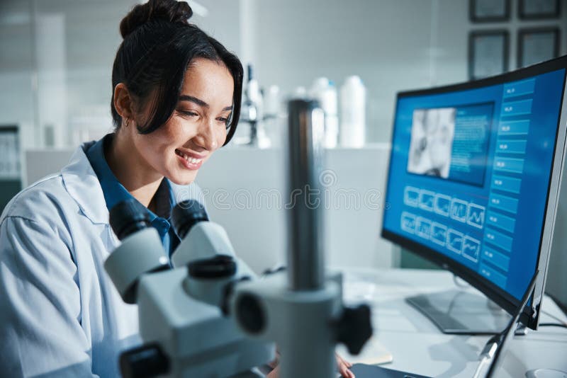Computer Screen, Microscope and Smile with Scientist in Laboratory for ...