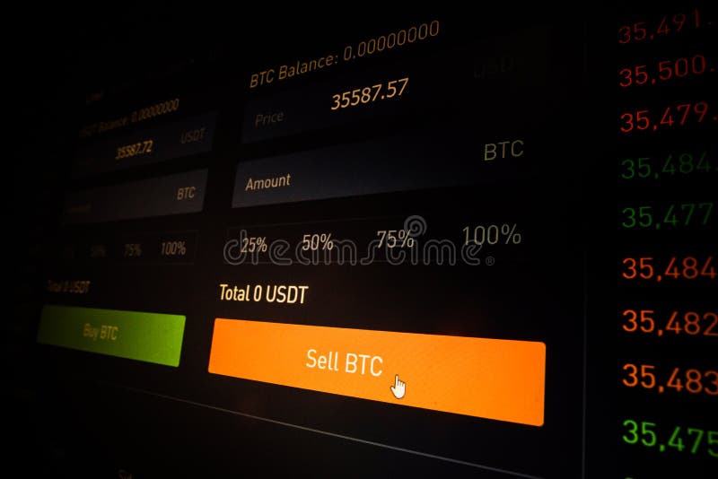 Computer Screen with the Mouse Cursor on the Sell Bitcoin Button Stock ...