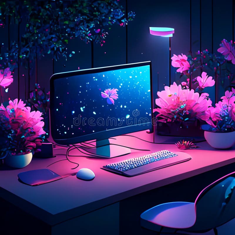 Computer with Flowers on the Table. 3d Vector Illustration in Neon ...