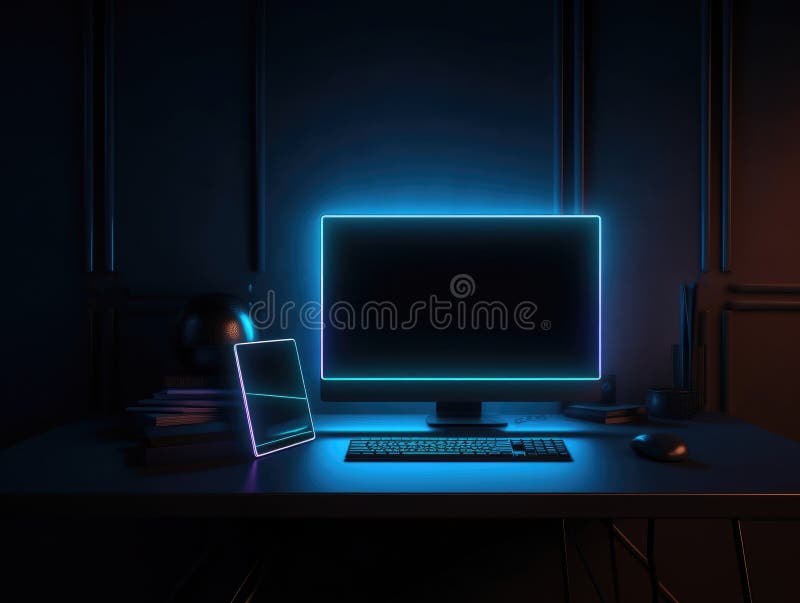 Glowing Computer Screen Dark Room Keyboard Mouse Desk Stock Photos ...