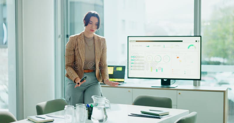 Computer Screen, Notes and Presentation with Business Woman in Office ...