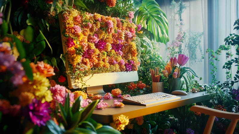 Computer Screen Office Desk Covered in Flowers Technology Concept ...