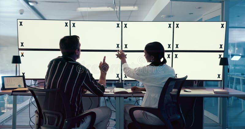 Computer, Screen and People in Control Room with Mockup, Broadcast ...