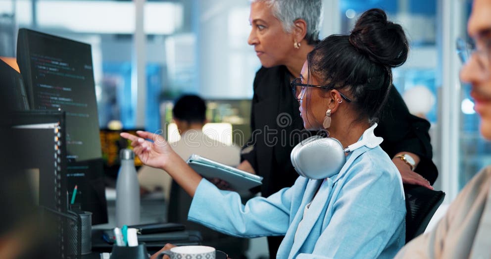 Computer Screen, Pointing or Programming with Employee and Manager in ...