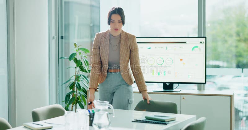 Computer Screen, Prepare and Report with Business Woman in Boardroom ...