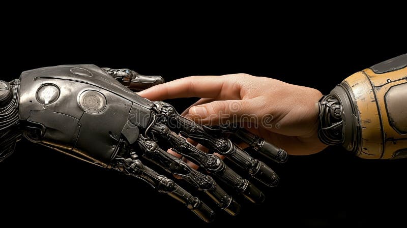 On a Computer Screen Produced by AI, a Robot Hand is Touching a Human ...