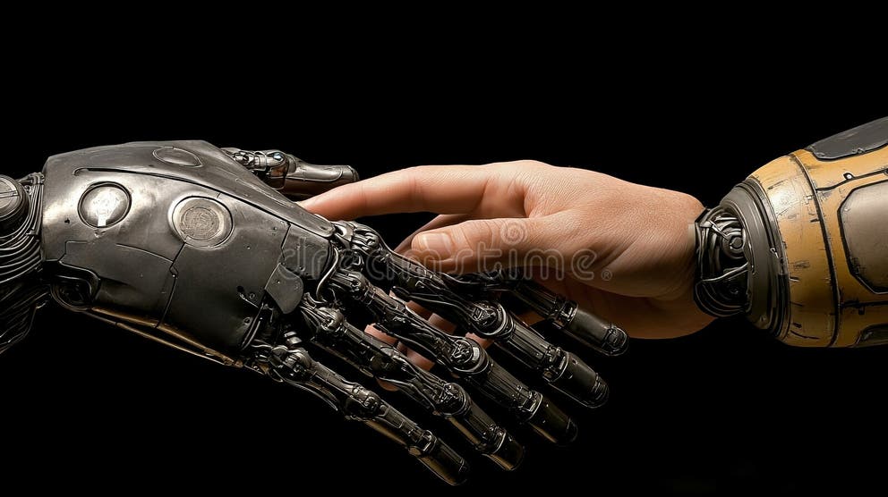 On a Computer Screen Produced by AI, a Robot Hand is Touching a Human ...