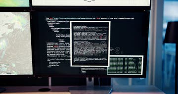 Computer Screen, Programming and Display with Code in Empty Office for it, Software and Map in ...