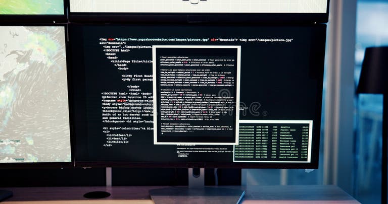 Computer Screen, Programming and Display with Code in Empty Office for it, Software and Map in ...