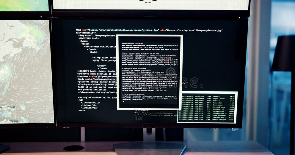 Computer Screen, Programming and Display with Code in Empty Office for it, Software and Map in ...