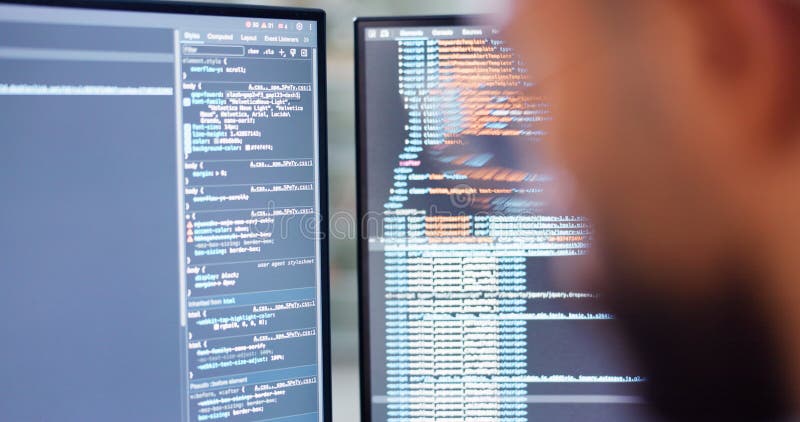 Computer Screen Programming And Web Development With Person In Office For Coding Script