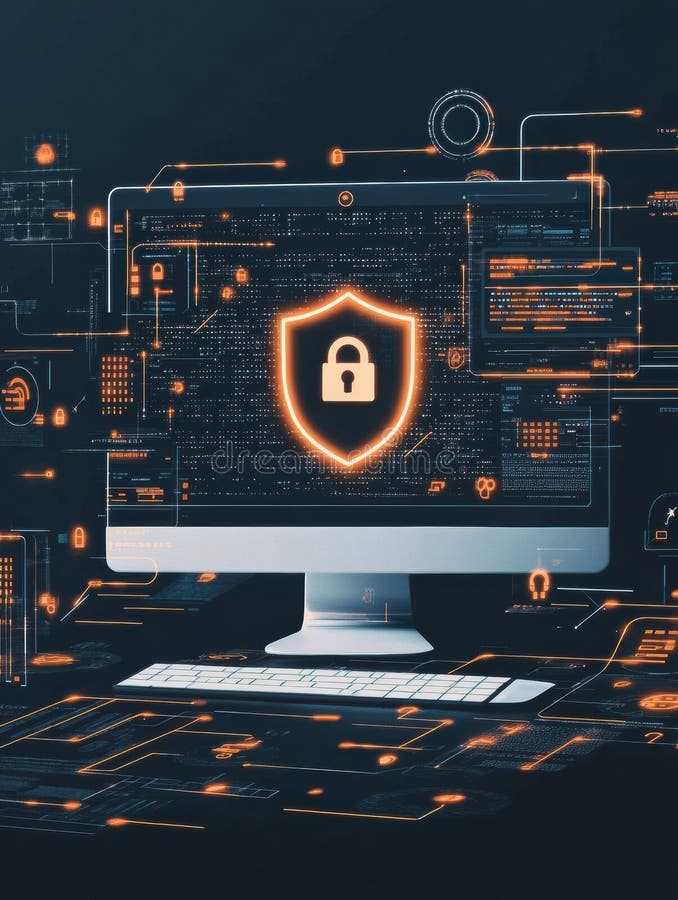 The Computer Screen Prominently Features a Shield with a Lock Icon ...