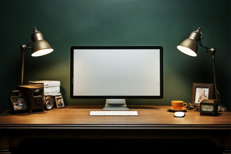 Computer Screen Resting on a Flat Table for Use Stock Illustration ...