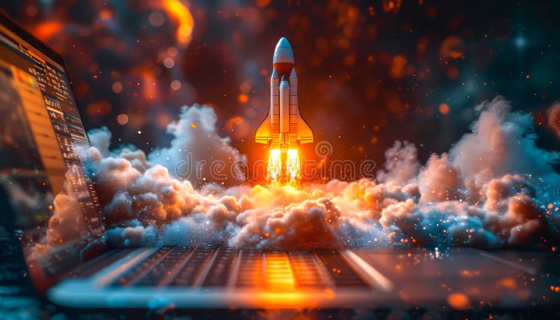 A Computer Screen with a Rocket Launching into the Sky Stock Image ...