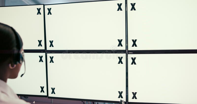 Computer Screen, Security and Space for Surveillance with Woman in CCTV ...